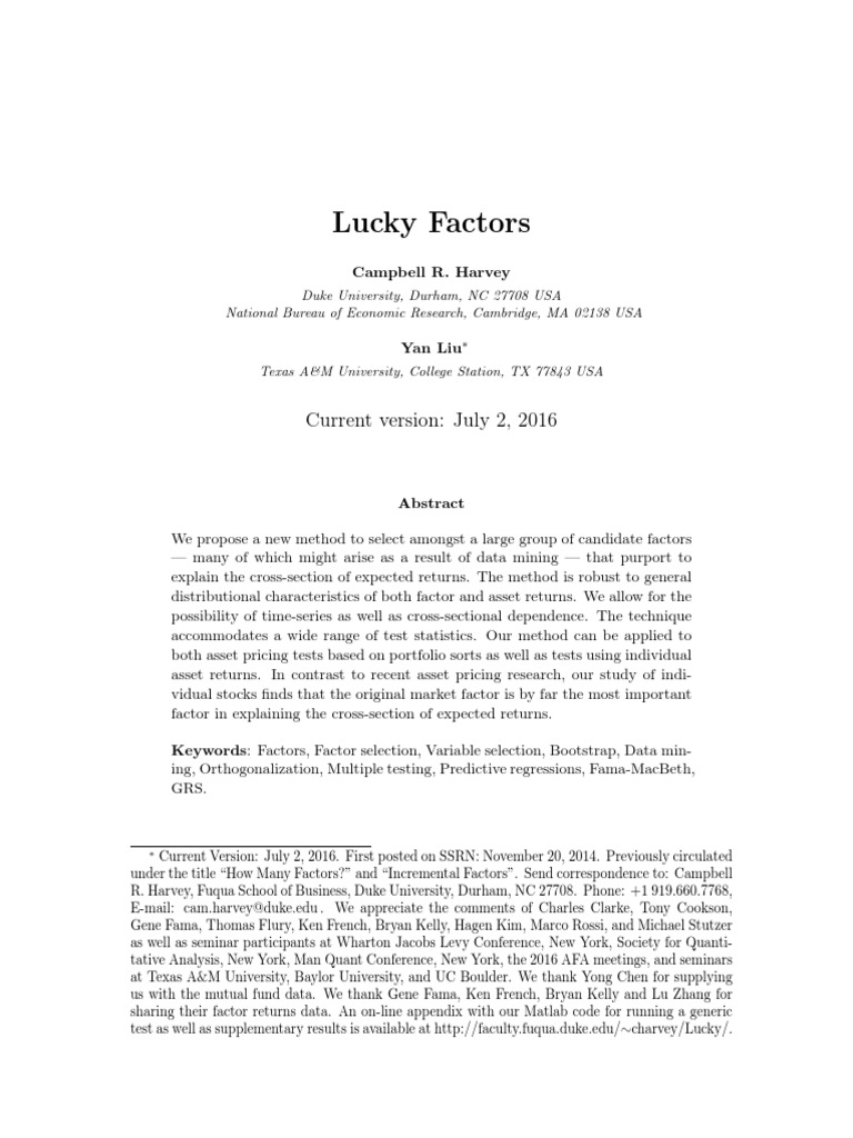 Lucky Factors - Harvey&Liu | PDF | Bootstrapping (Statistics) | Dependent And Independent Variables