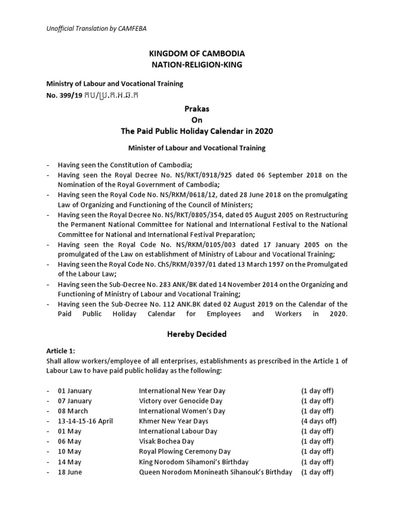 Prakas No. 399 On Public Holiday For 2020 - EN | PDF | Government ...