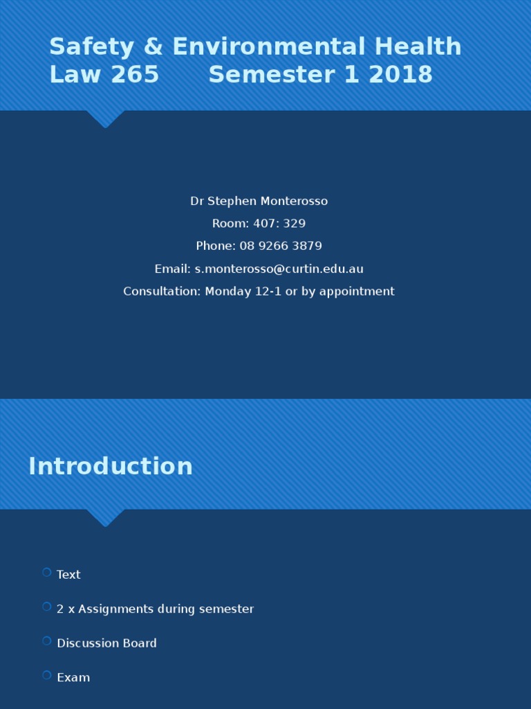 1, 2018 Safety & Environmental Health Law 265 - Lecture 1 | PDF ...