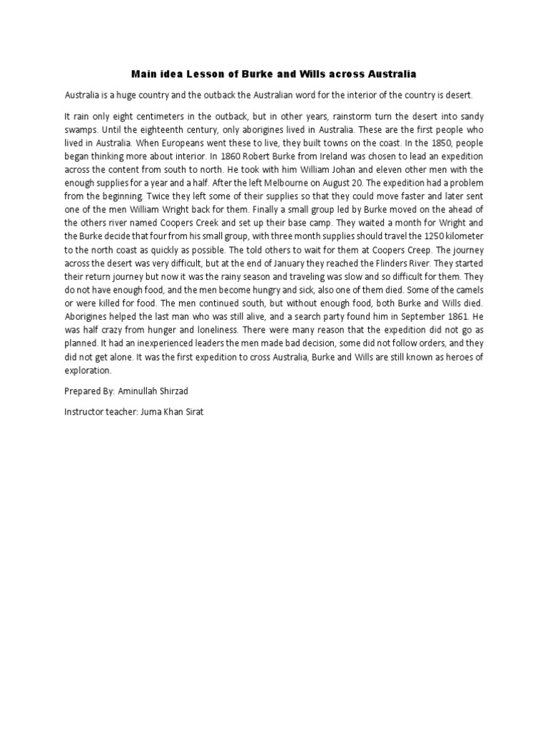 Main Idea Lesson of Burke and Wills Across Australia PDF | PDF | Travel