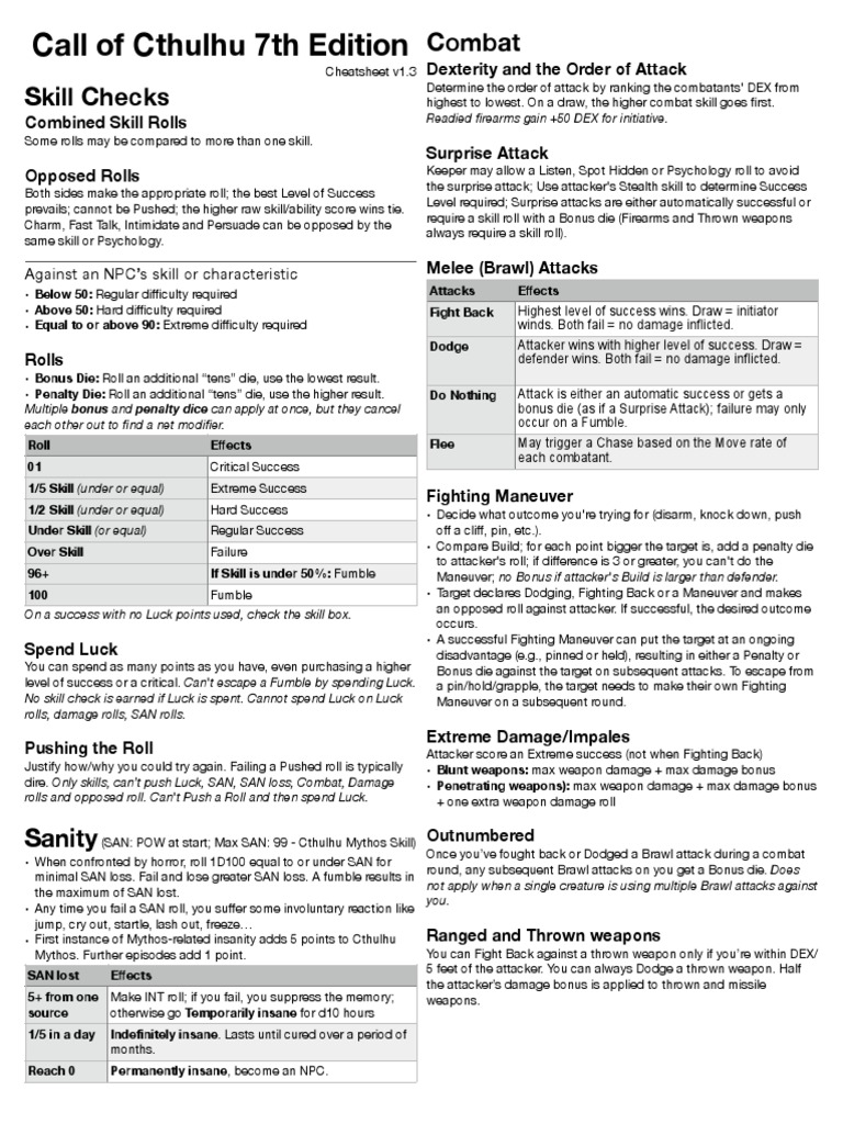 Call of Cthulhu 7th Edition: Skill Checks Combat | PDF | Leisure | Sports