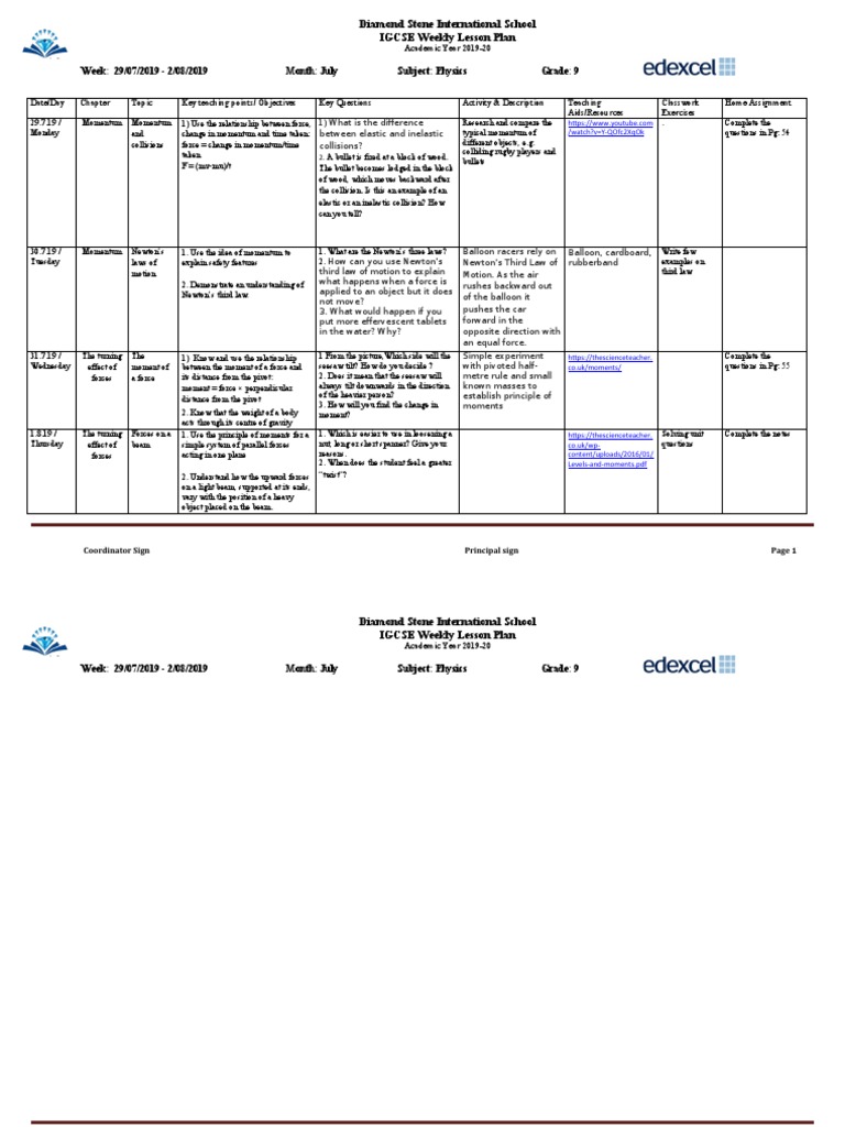 Diamond Stone International School IGCSE Weekly Lesson Plan | PDF ...