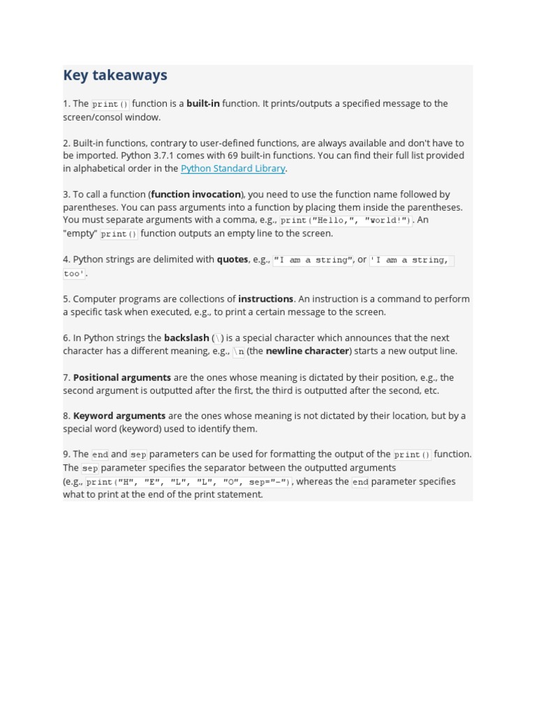 Key Takeaways: Print | PDF | Parameter (Computer Programming) | Division (Mathematics)