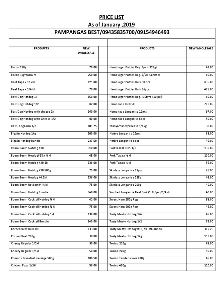 Price List As of January ,2019 PAMPANGAS BEST/09435835700/09154946493 ...