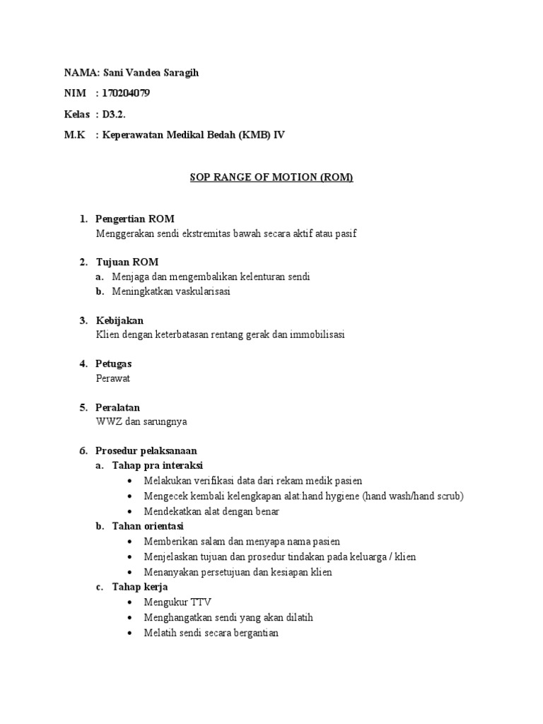 Tugas KMB Sop Bodymovement, Rom, Ambulasi Dini | PDF