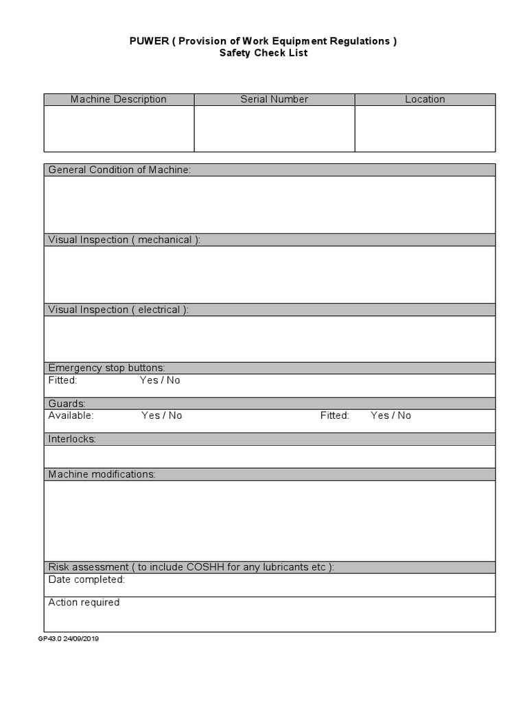 GP 43.0 PUWER-Equipment-Safety-Checklist | PDF | Prevention | Safety