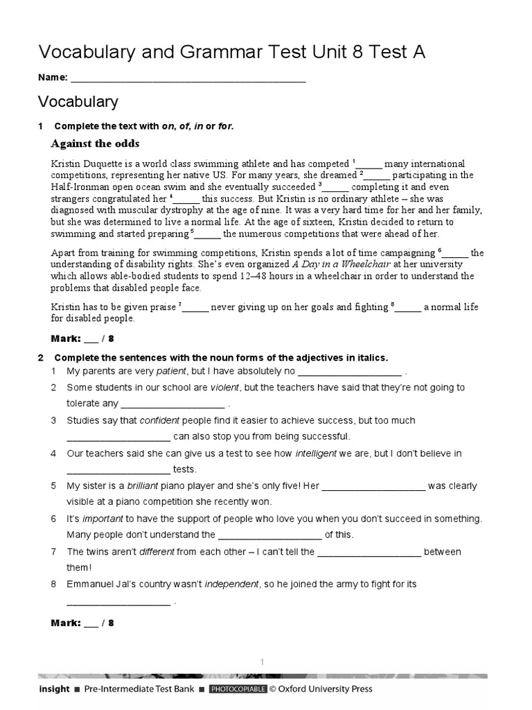 Vocabulary + Grammar Unit 8 Test A-2 | PDF | Test (Assessment) | Grammar