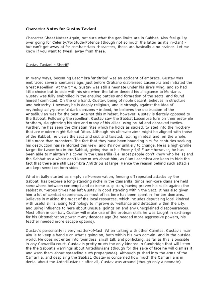 Character Notes For Gustav Taviani | PDF