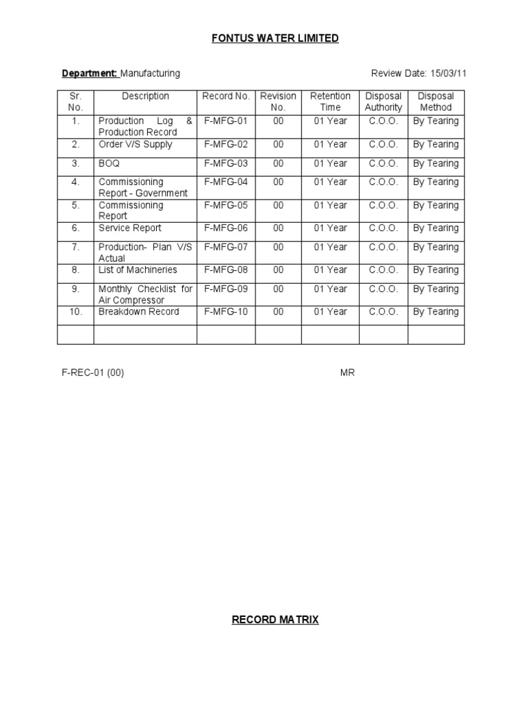 Record Matrix - Manufacturing & Stores | PDF