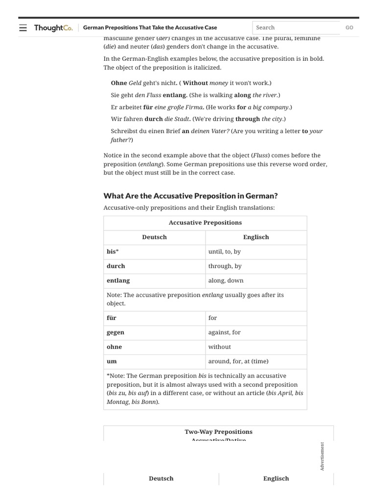 German Prepositions That Take The Accusative Case | PDF | Grammar | Syntax