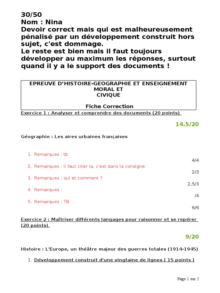 Fiche Correction Brevet Blanc Nina | PDF