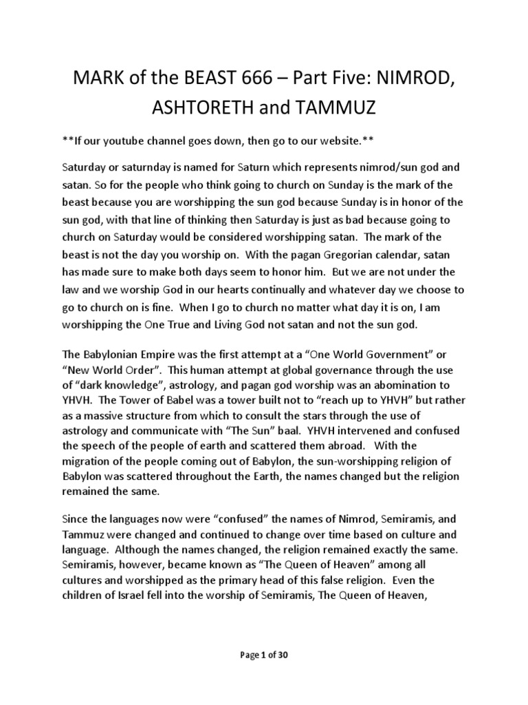 MARK of The BEAST 666 - Part Five: NIMROD, Ashtoreth and Tammuz | PDF ...