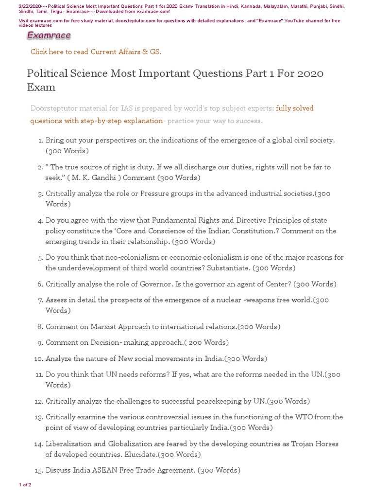 Political Science Most Important Questions Part 1 PDF | PDF | Critical ...