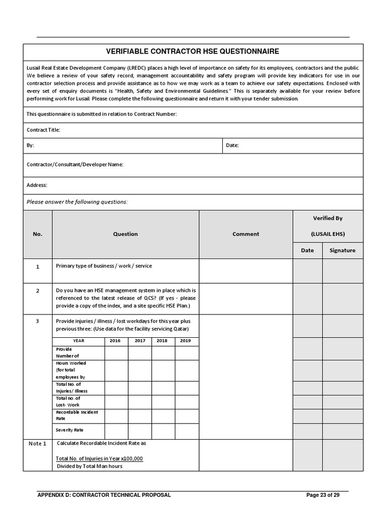 Verifiable Contractor Hse Questionnaire: Please Answer The Following ...