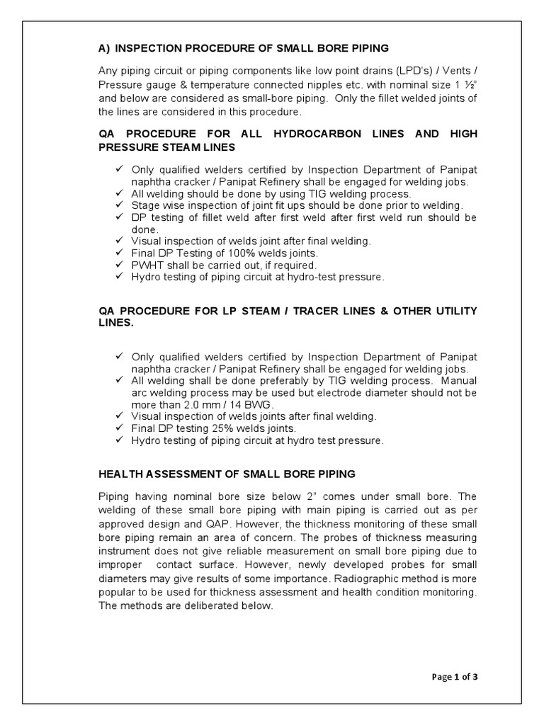 Small Bore Piping Inspection Procedures | PDF | Pipe (Fluid Conveyance ...