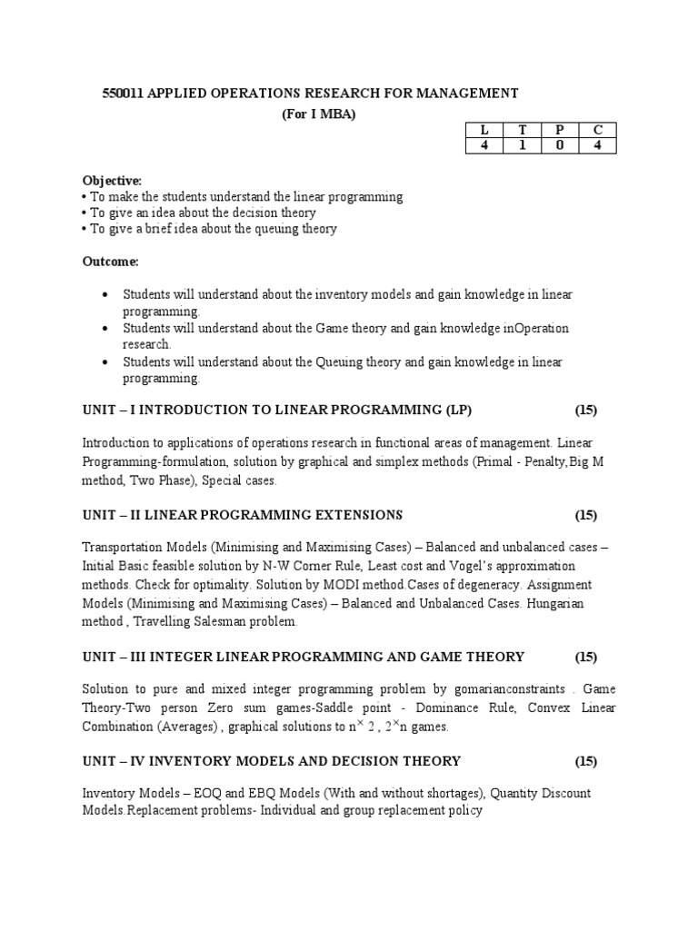 MBA Operations Research Course | PDF | Linear Programming | Applied ...