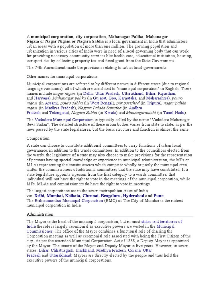 Nigam or Nagar Nigam or Nagara Sabha Is A: Local Government | PDF ...