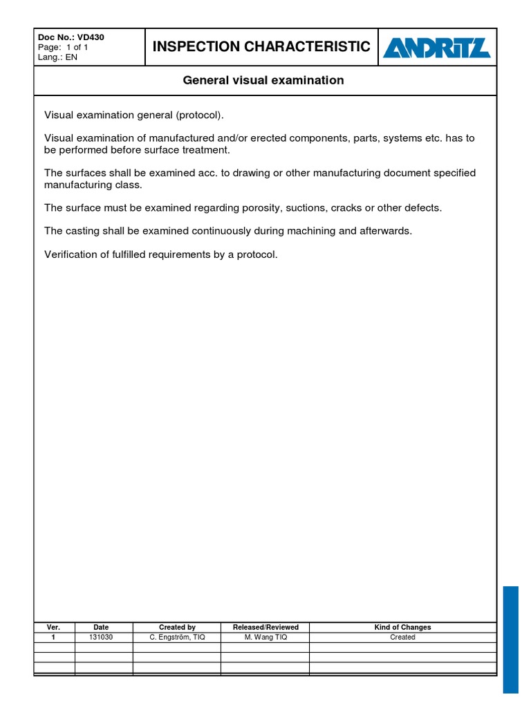 Inspection Characteristic: General Visual Examination | PDF