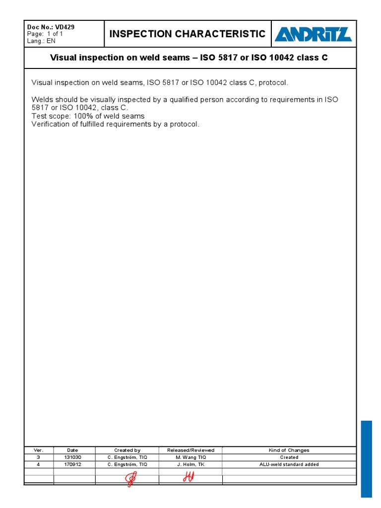 Visual Inspection of Welds - ISO 5817/10042 Class C | PDF