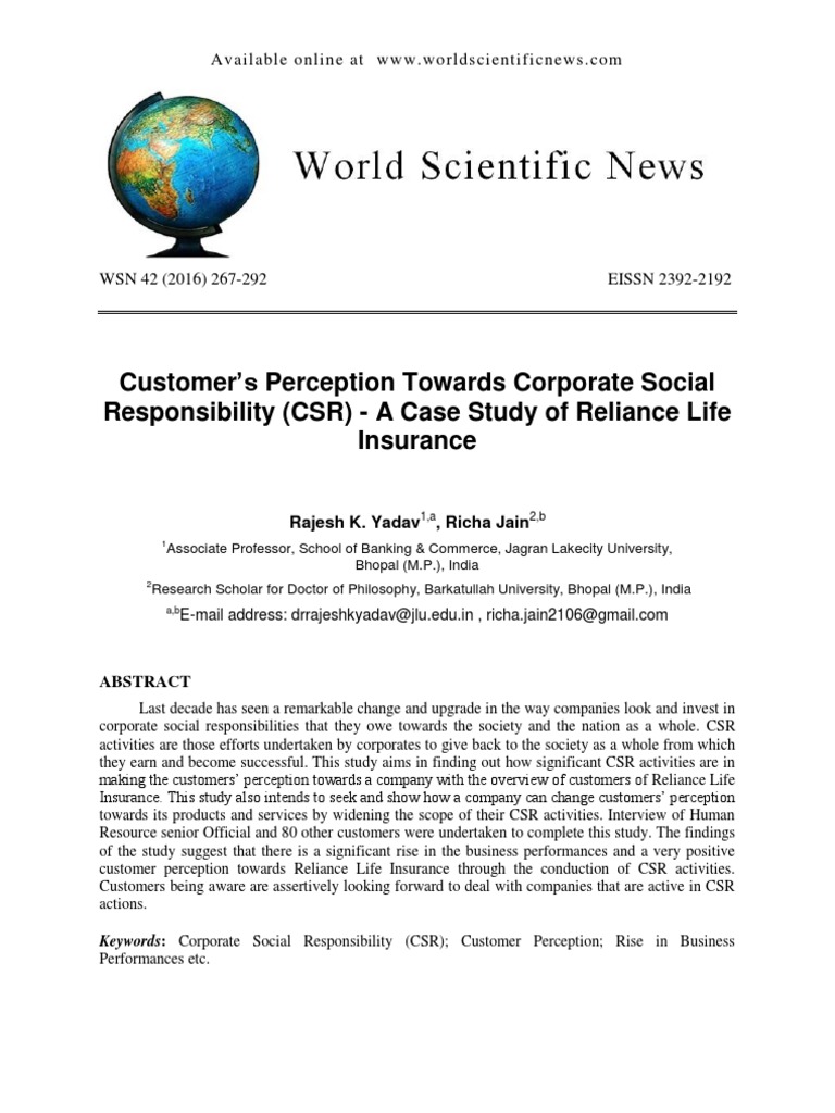 Customer 'S Perception Towards Corporate Social Responsibility (CSR ...