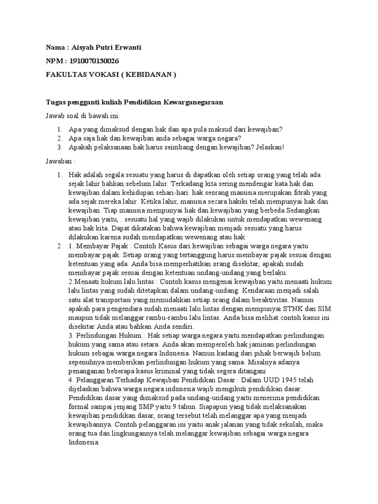 Tugas Pengganti Kuliah Pendidikan Kewarganegaraan | PDF