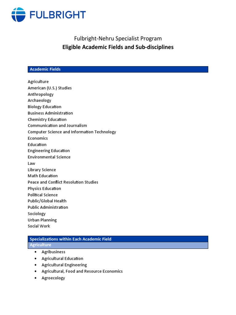 Eligible Academic Fields and Sub-Disciplines: Fulbright-Nehru ...