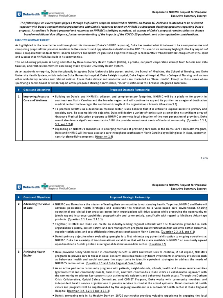 Duke Health Executive Summary - NHRMC RFP | PDF | Patient Safety | Hospital