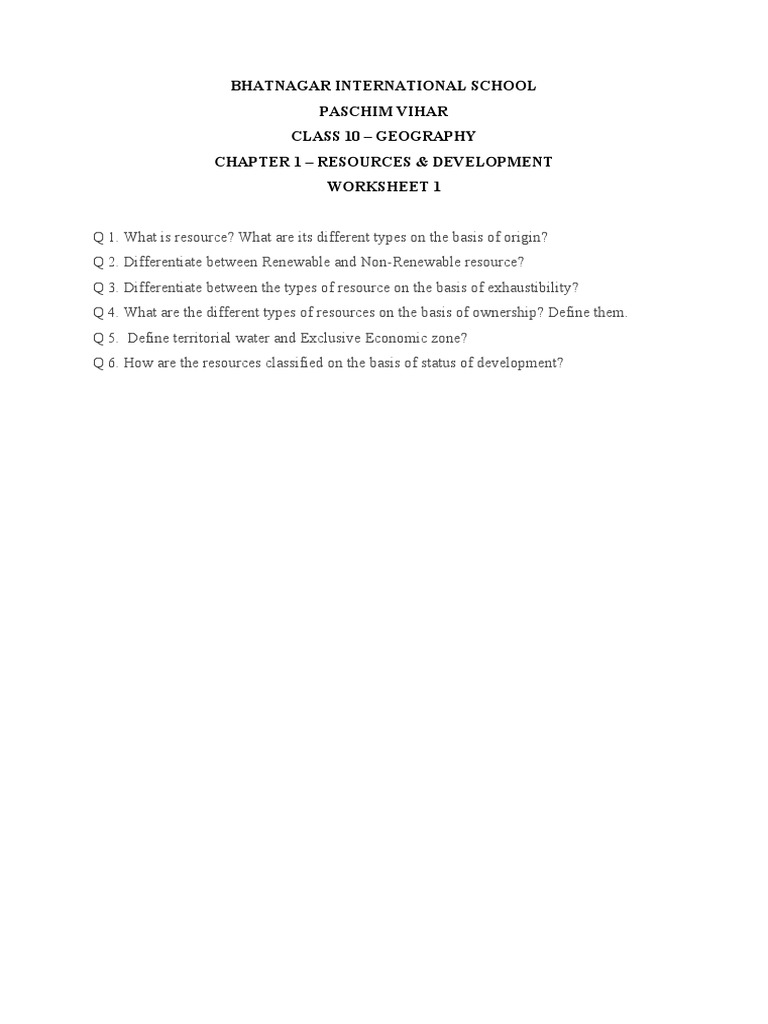 Class 10 Resources & Development Worksheet | PDF