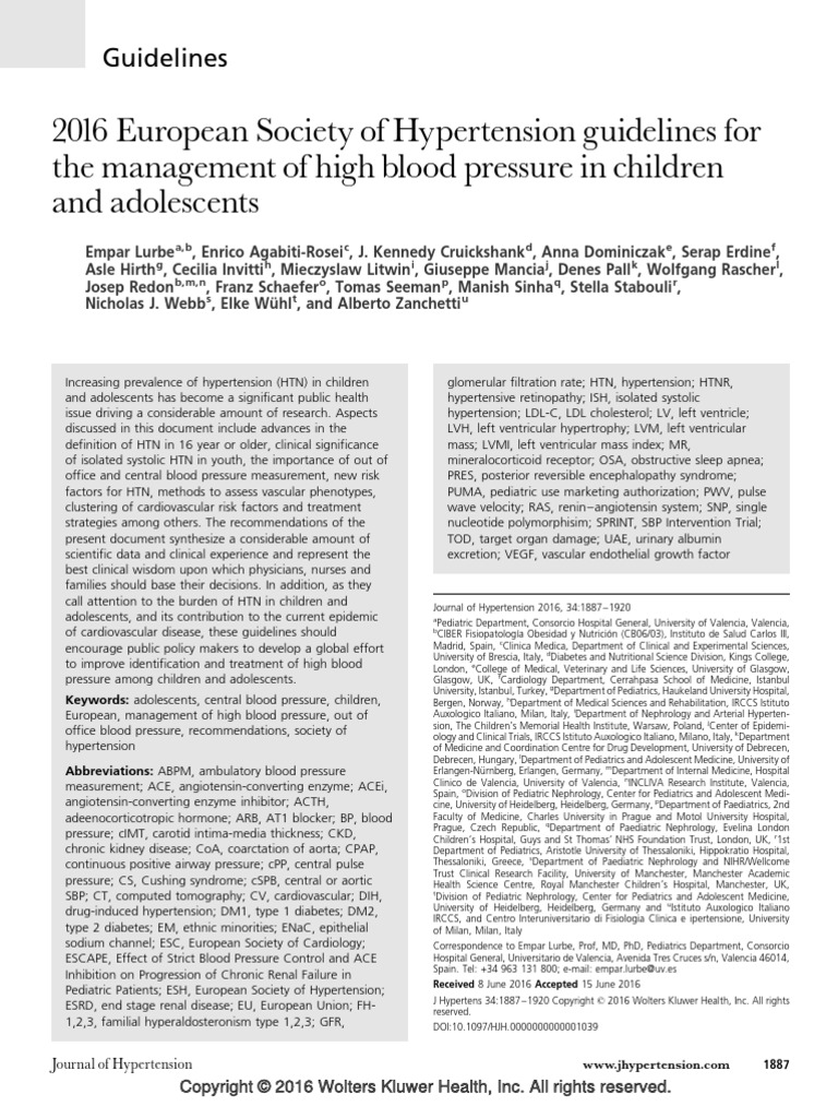 2016 European Society of Hypertension Guidelines For The Management of High Blood Pressure in ...
