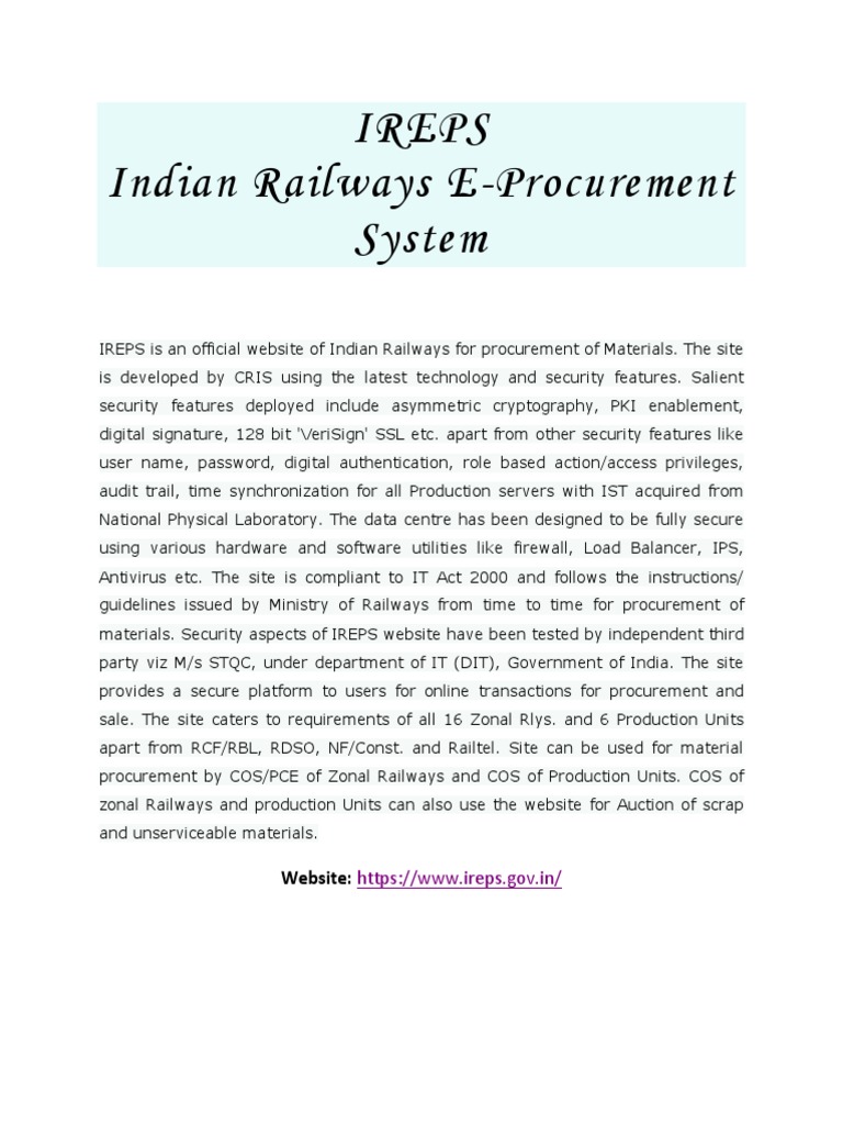 Ireps Indian Railways E-Procurement System: Website | PDF