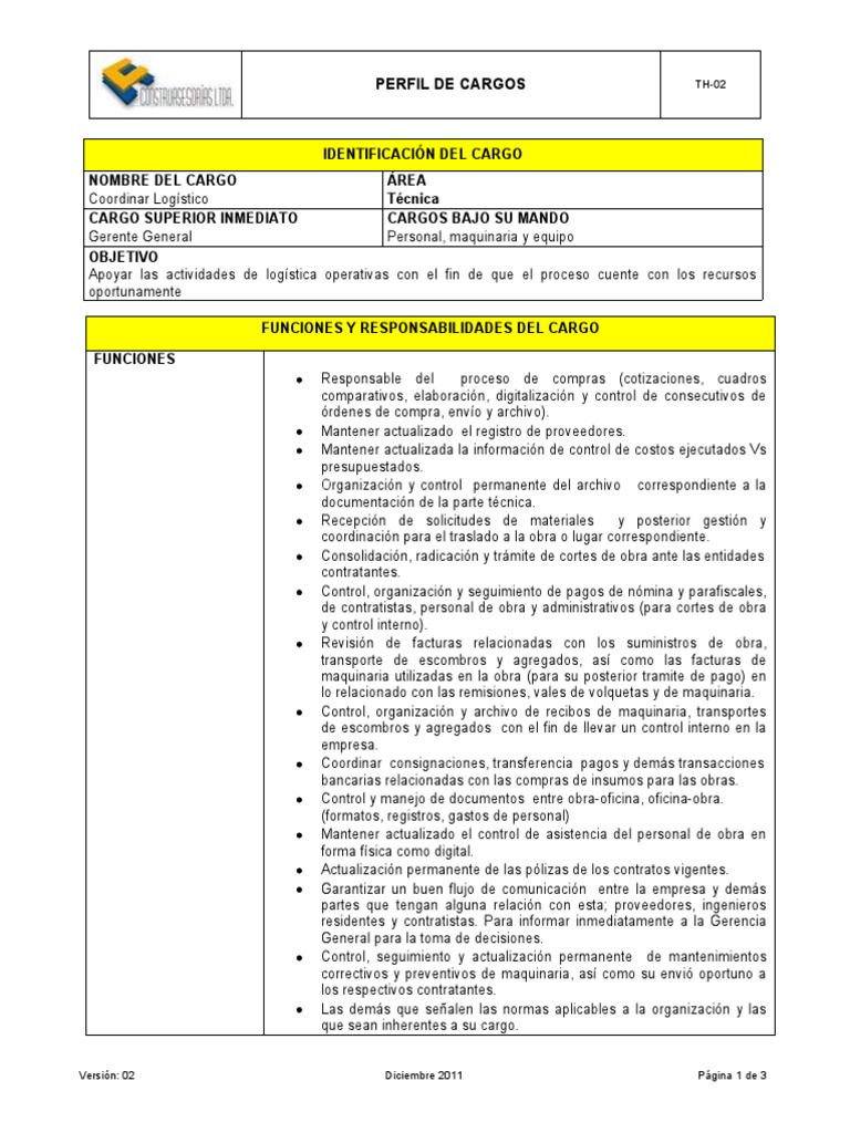 TH-02 Perfil de Cargo - Coordinador Logístico | PDF | Logística | Ingeniería