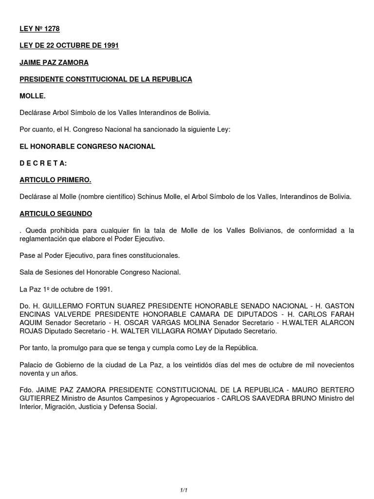 Ley 1278: Árbol Molle en Bolivia | PDF