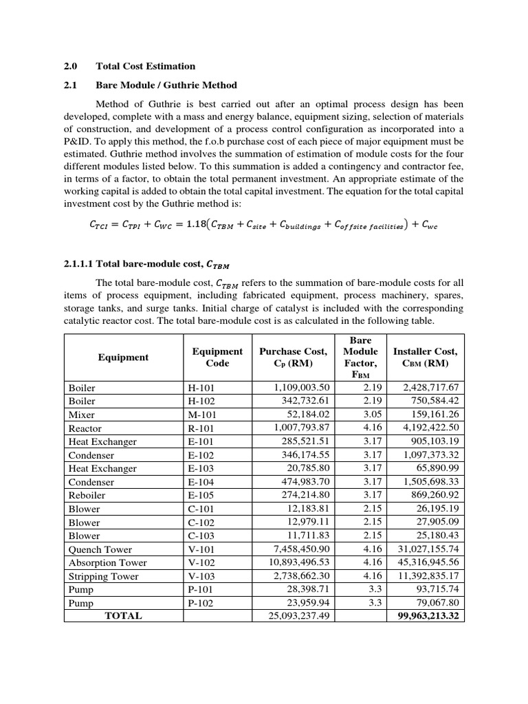 2.0 Total Cost Estimation 2.1 Bare Module / Guthrie Method: P BM BM ...