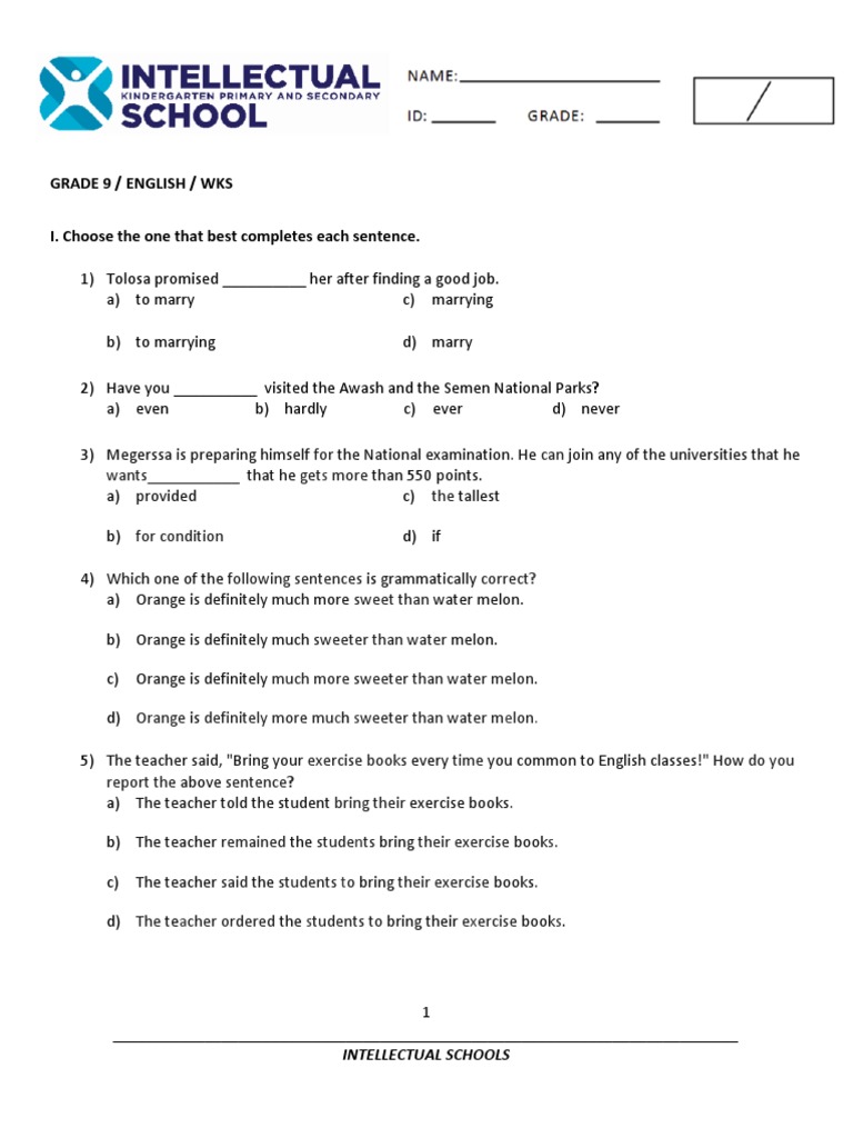 Grade 9 / English / WKS: Intellectual Schools | PDF