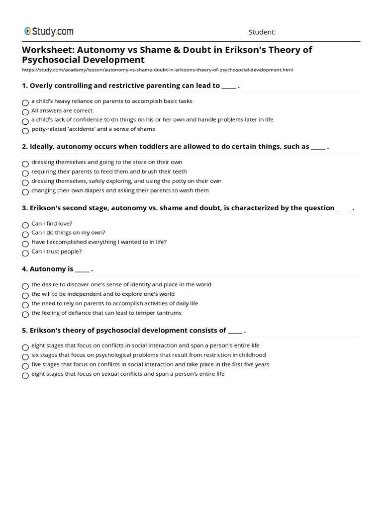 Quiz Worksheet Autonomy in Psychosocial Growth PDF | PDF