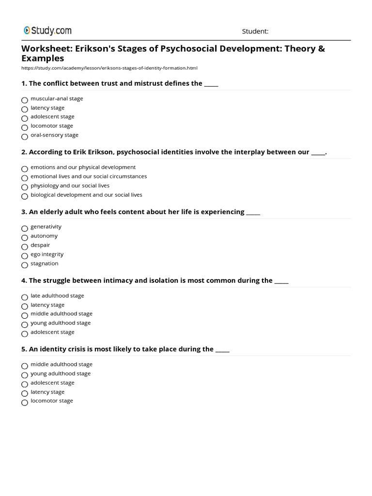 Quiz Worksheet Erikson S Stages of Identity Formation | PDF
