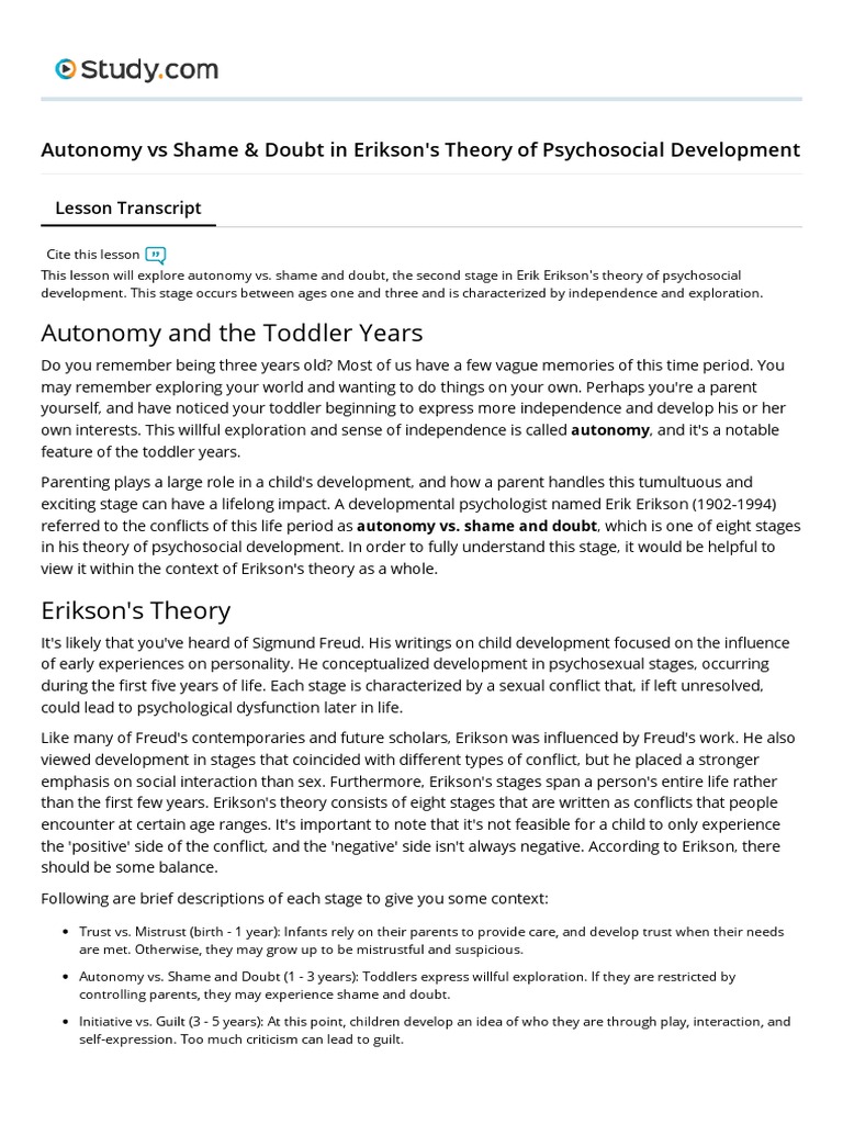 Autonomy Vs Shame & Doubt in Erikson's Theory of Psychosocial Development - Video & Lesson ...