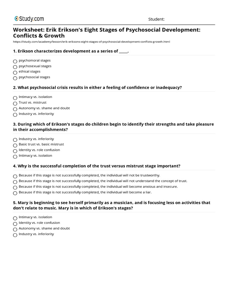 Quiz Worksheet Erikson S Stages of Psychosocial Development PDF | PDF