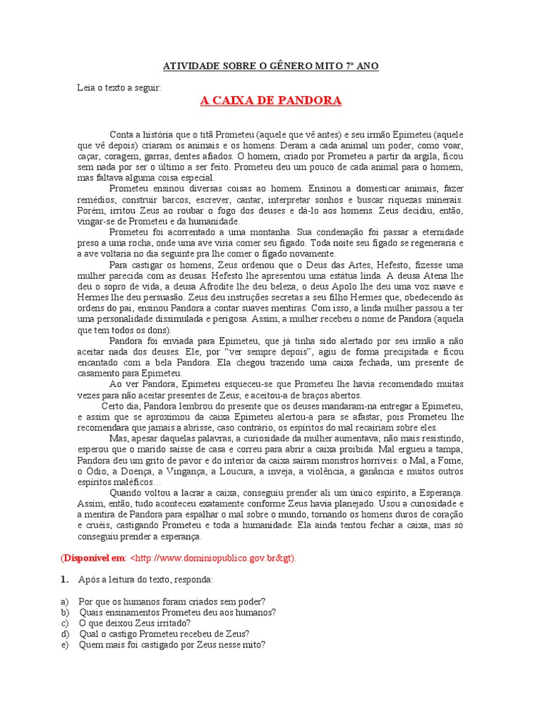 Atividade Sobre o Gênero Mito 7º Ano | PDF | Prometeu