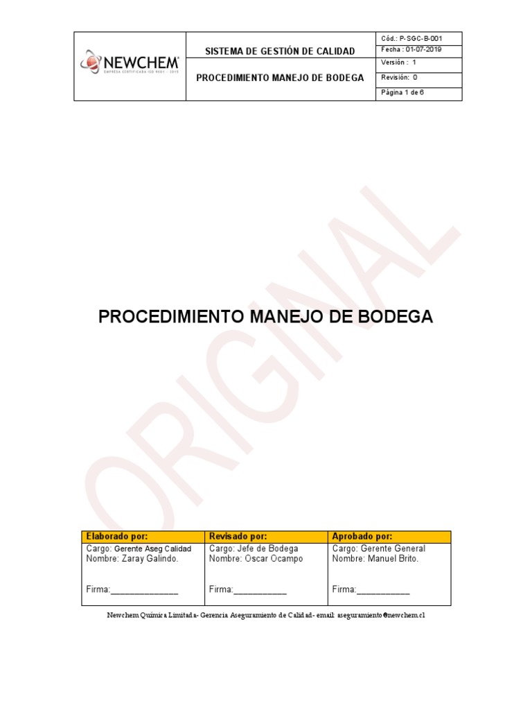 P-SGC-B-001. Procedimiento de Bodega | PDF | Sistema de manejo de calidad | Calidad