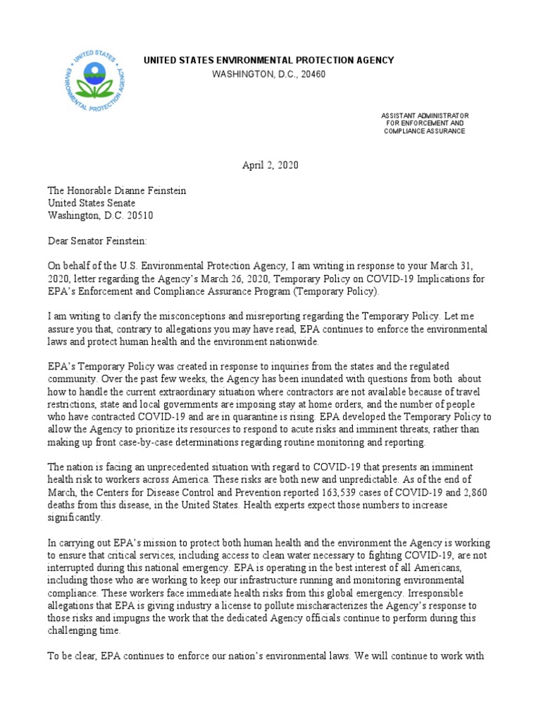 EPA Policy Clarification Letter To Congress April 2020 | PDF | United ...