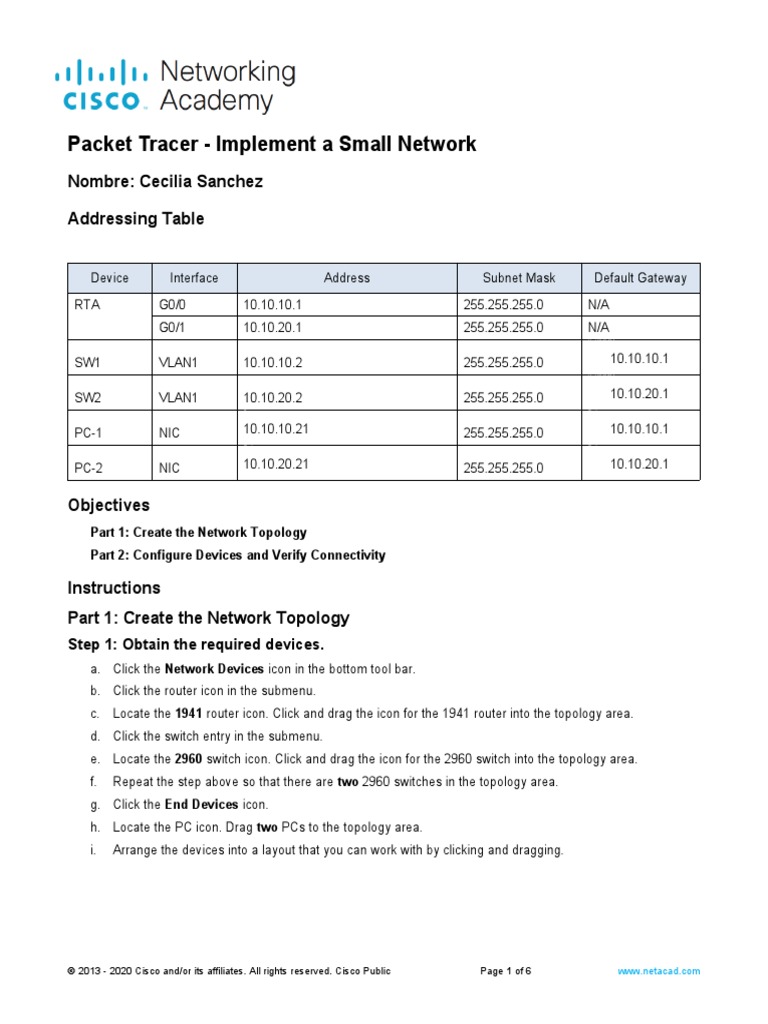 1.6.1 Packet Tracer - Implement A Small Network | PDF | Network Topology | Computer Network