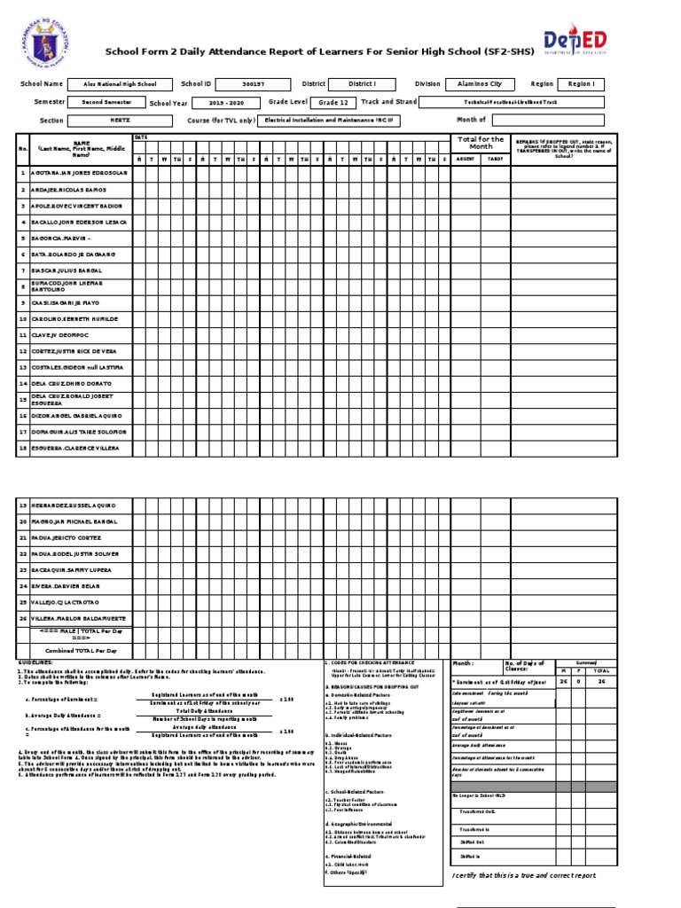 School Form 2 Daily Attendance Report of Learners For Senior High ...