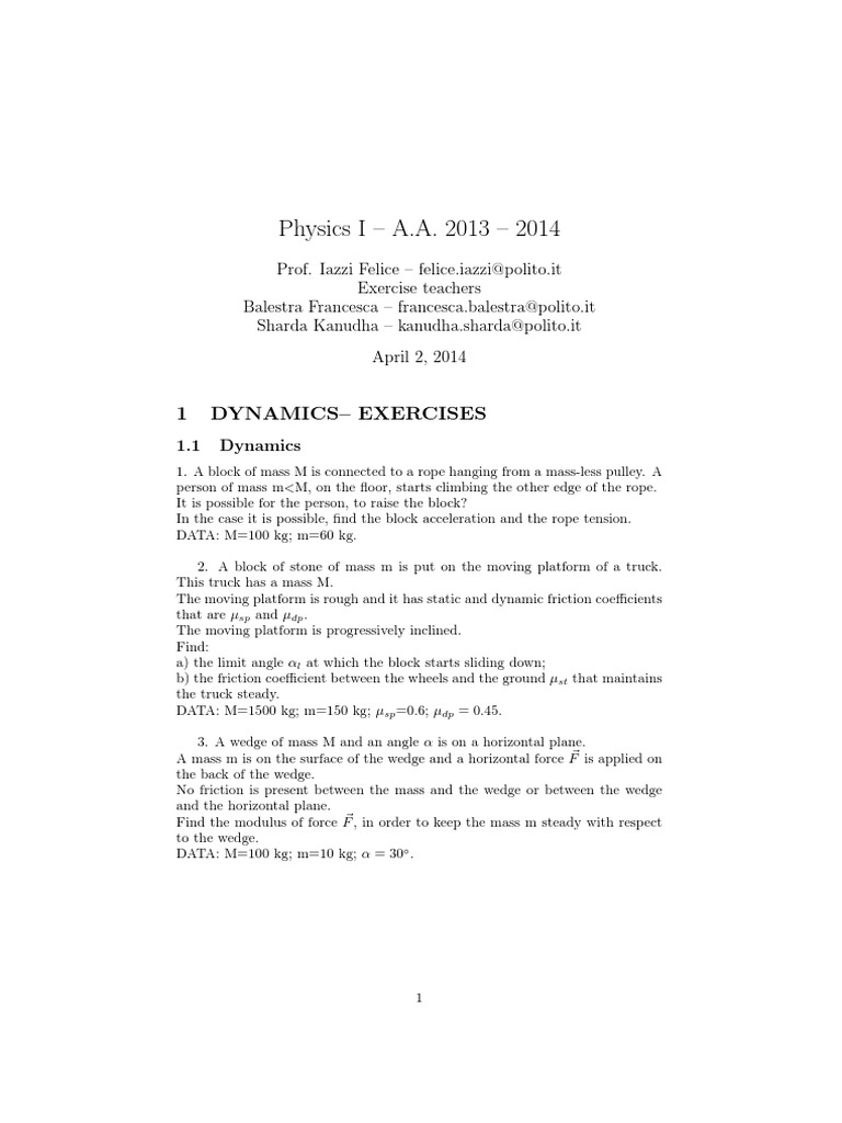 Physics I - A.A. 2013 - 2014: 1 Dynamics - Exercises | PDF | Euclidean ...