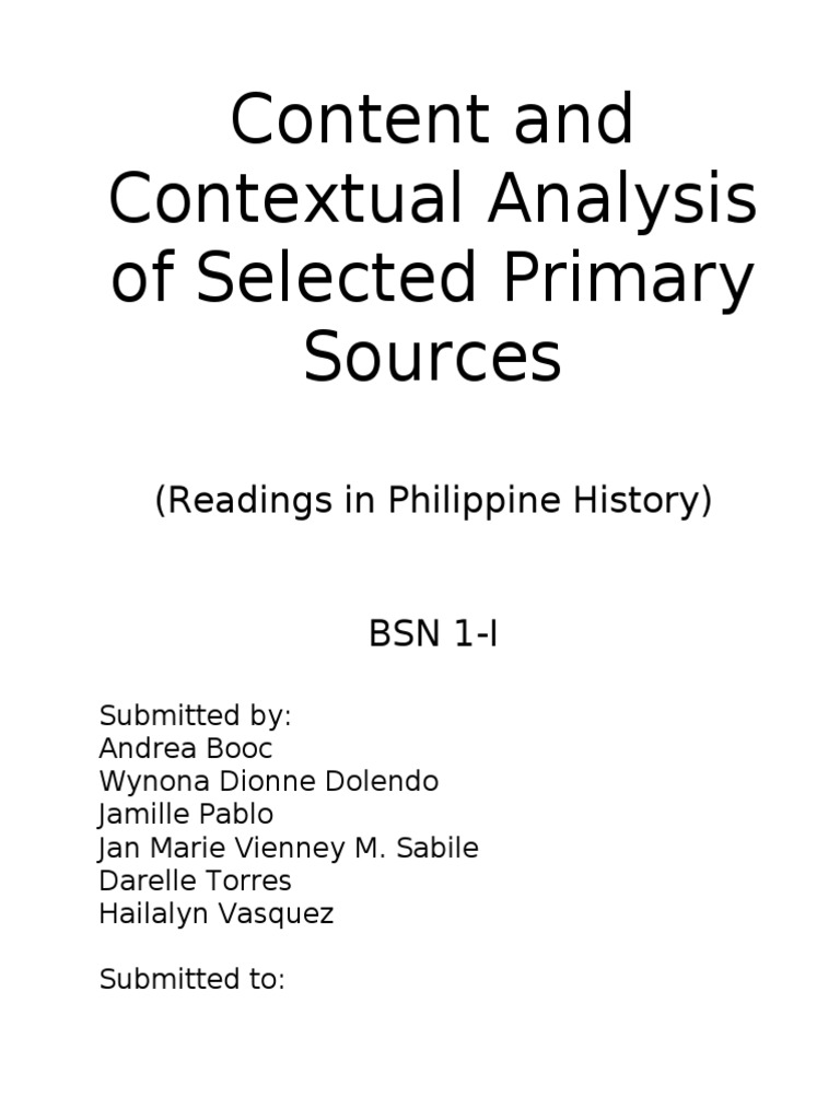Content and Contextual Analysis of Selected Primary Sources: (Readings ...