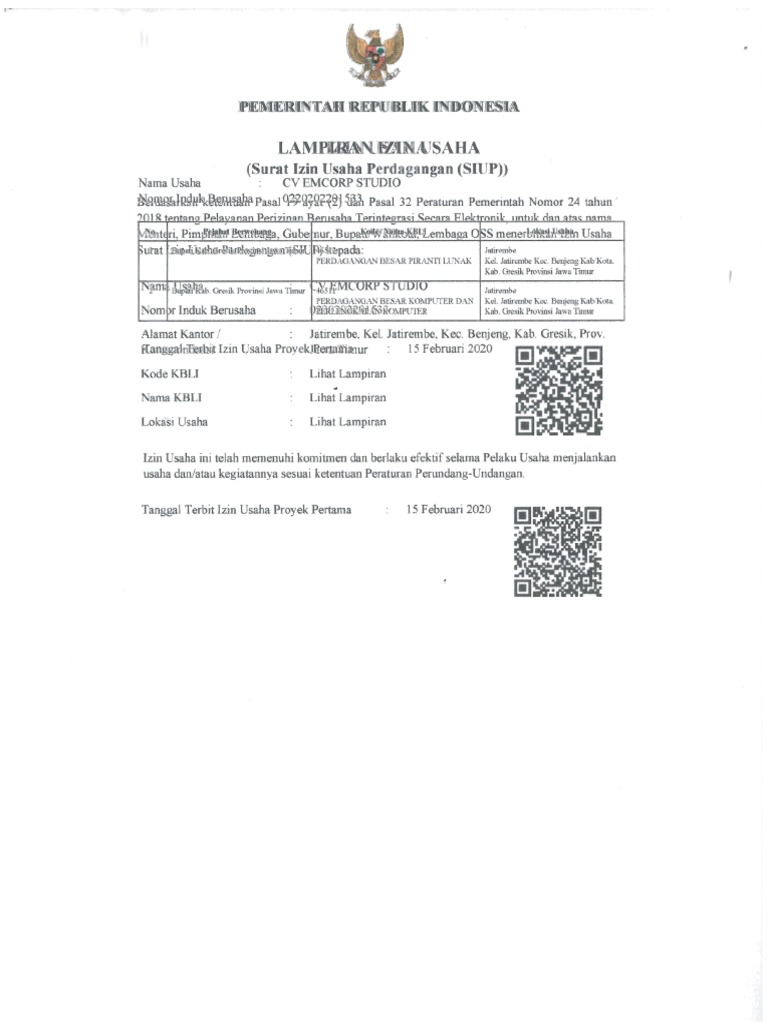 Surat Ijin Usaha Perdagangan (SIUP) - CV Emcorp Studio | PDF
