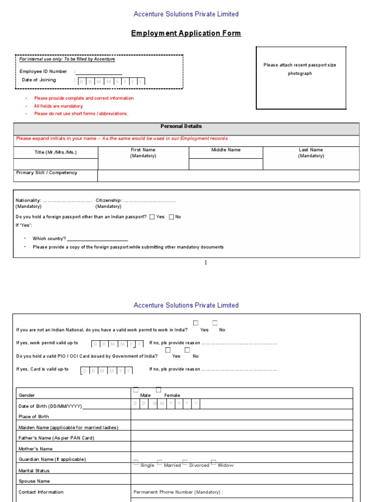 Employment Application Form: Accenture Solutions Private Limited | PDF ...