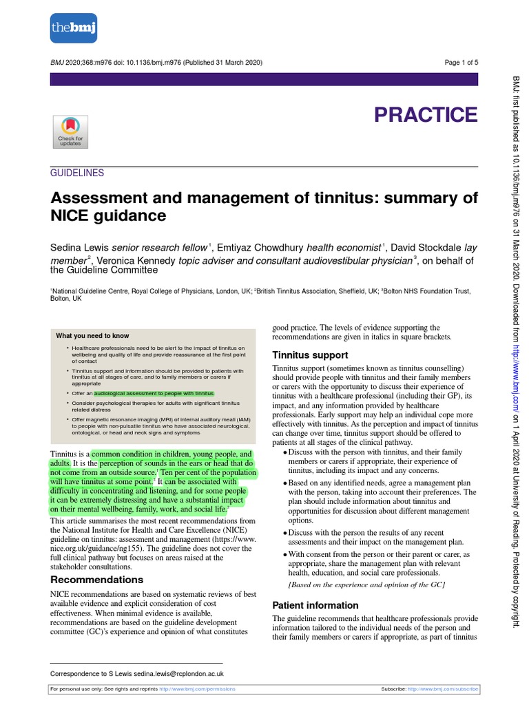 Practice: Assessment and Management of Tinnitus: Summary of NICE Guidance | PDF | Tinnitus ...