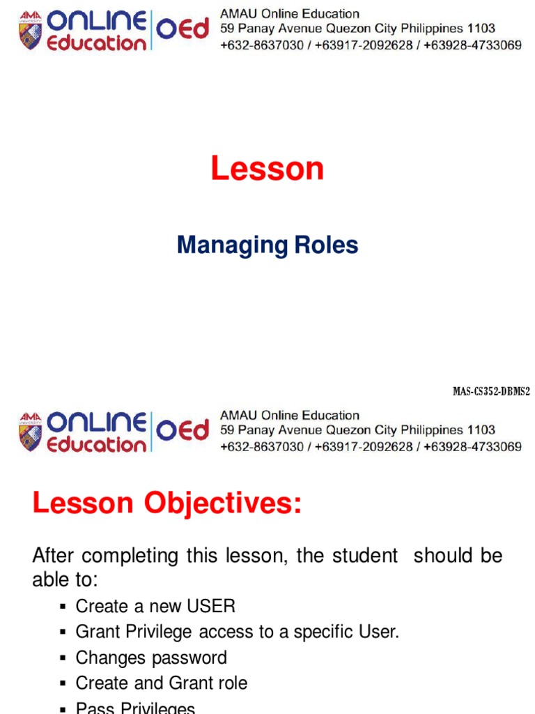 Lesson: Managing Roles | PDF | Databases | User (Computing)