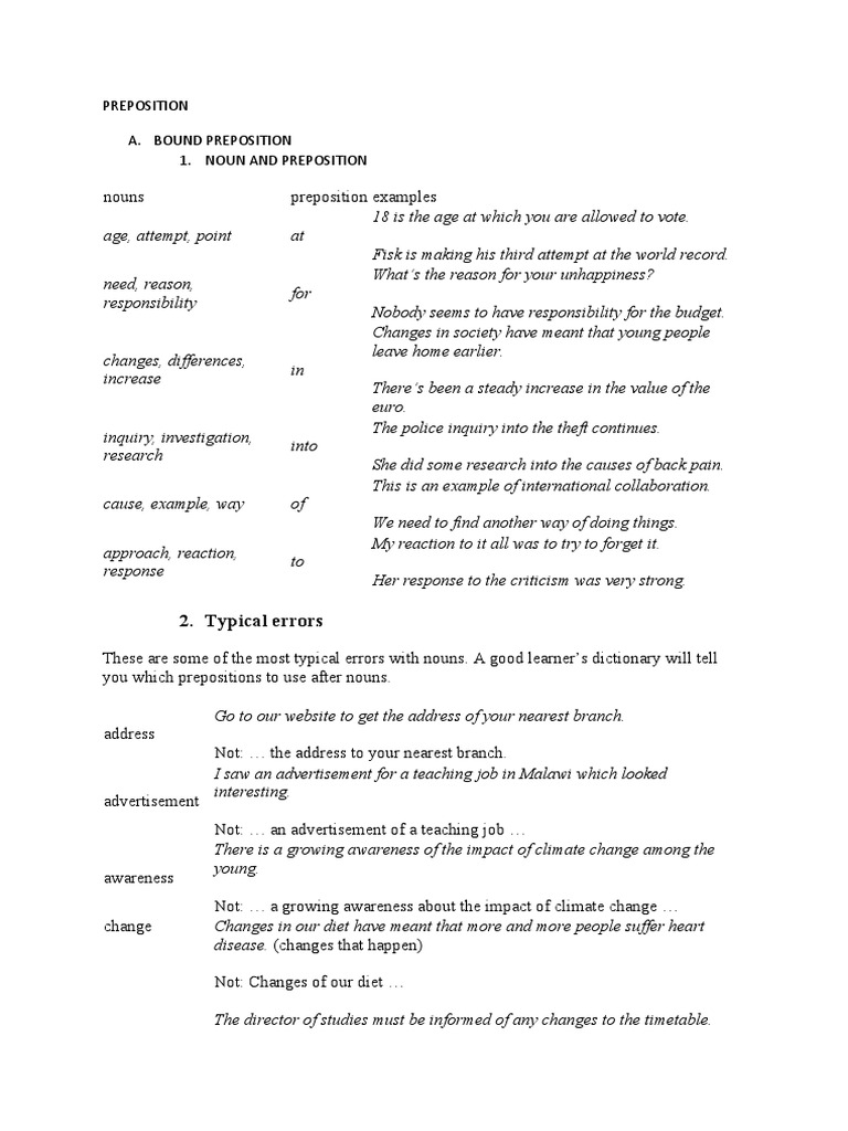 Preposition A. Bound Preposition 1. Noun and Preposition: 2. Typical Errors | PDF | Cognition ...